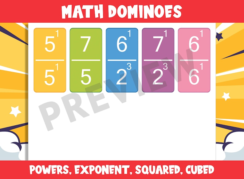 Printable Math Dominoes (powers, Exponent, Squared, Cubed), 55 Cards ...