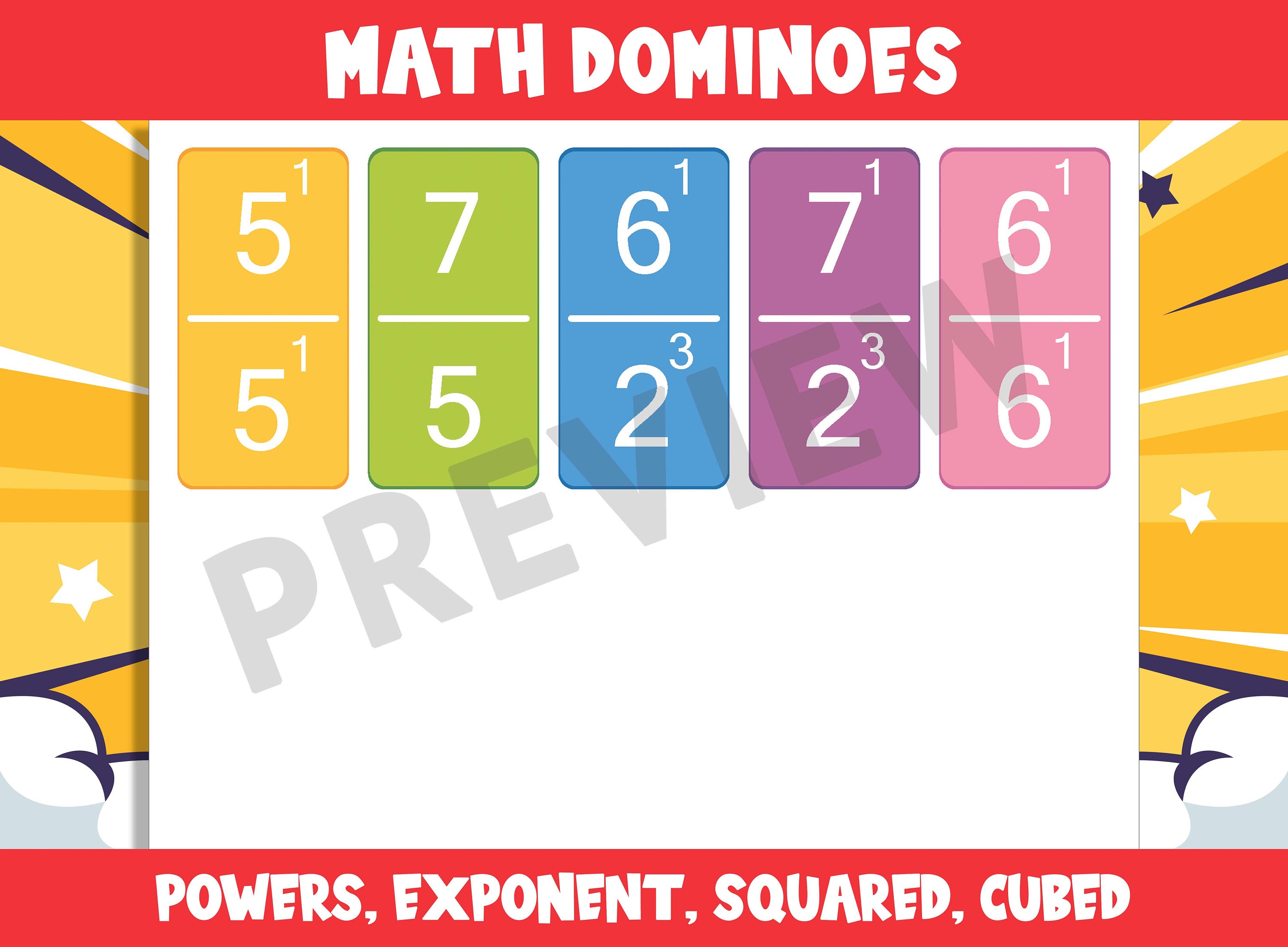 Printable Math Dominoes (powers, Exponent, Squared, Cubed), 55 Cards ...