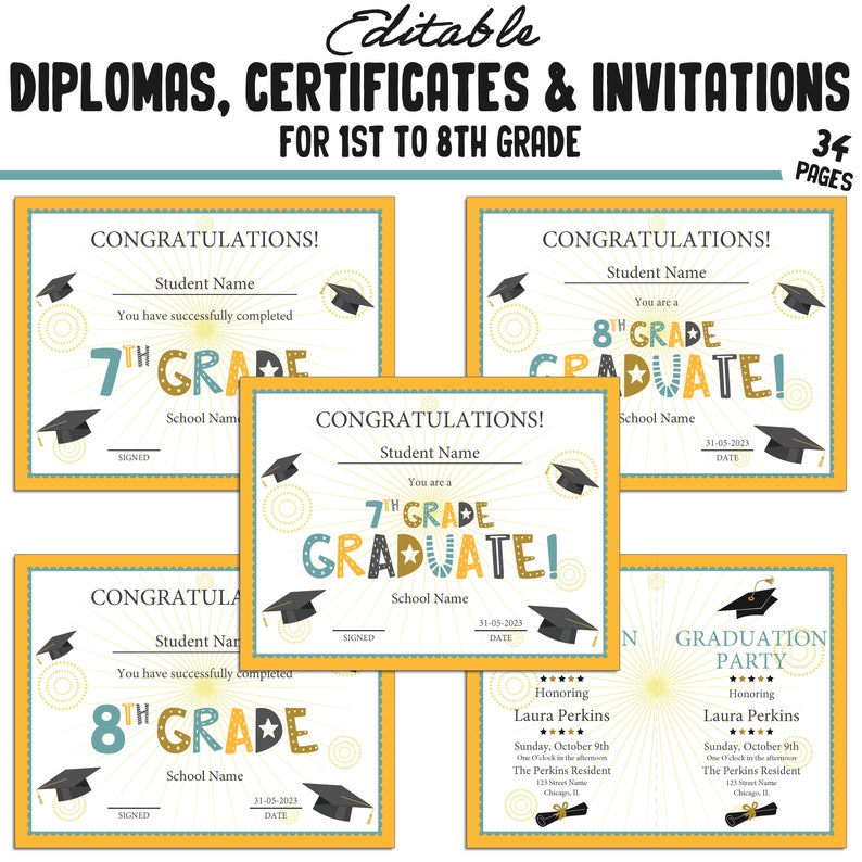 34 Editable First Grade Diplomas, 1st-8th Grade Certificates, Diplomas ...