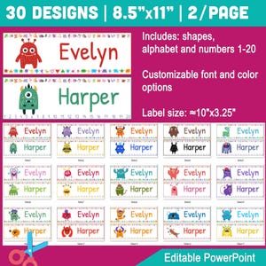 Editable Funny Monster Table Name Tags for Students: 30 Designs, 8.5x11 ...