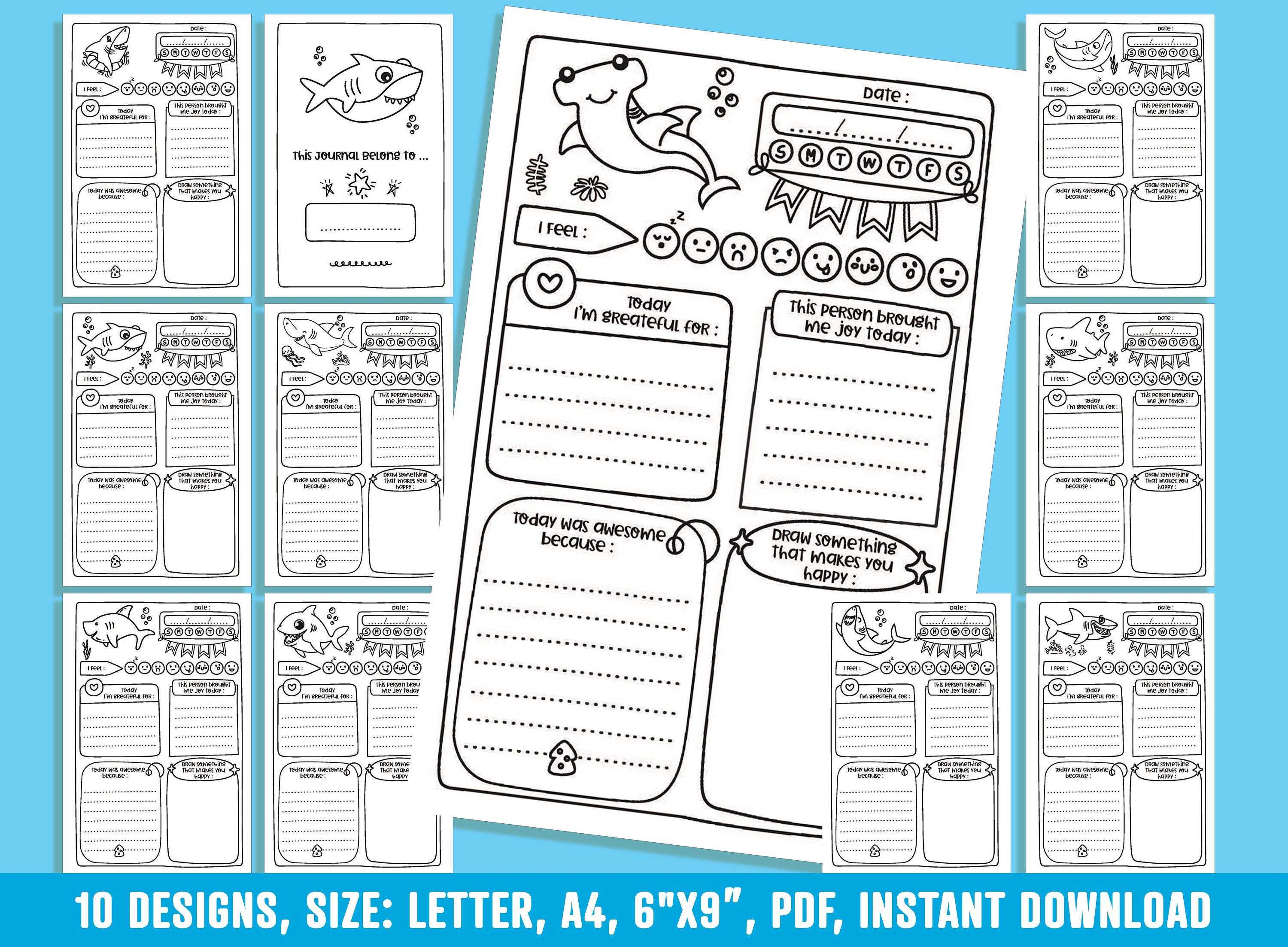 Gratitude Journal for Kids Shark & Friends, Daily Journal Prompts, 10 ...