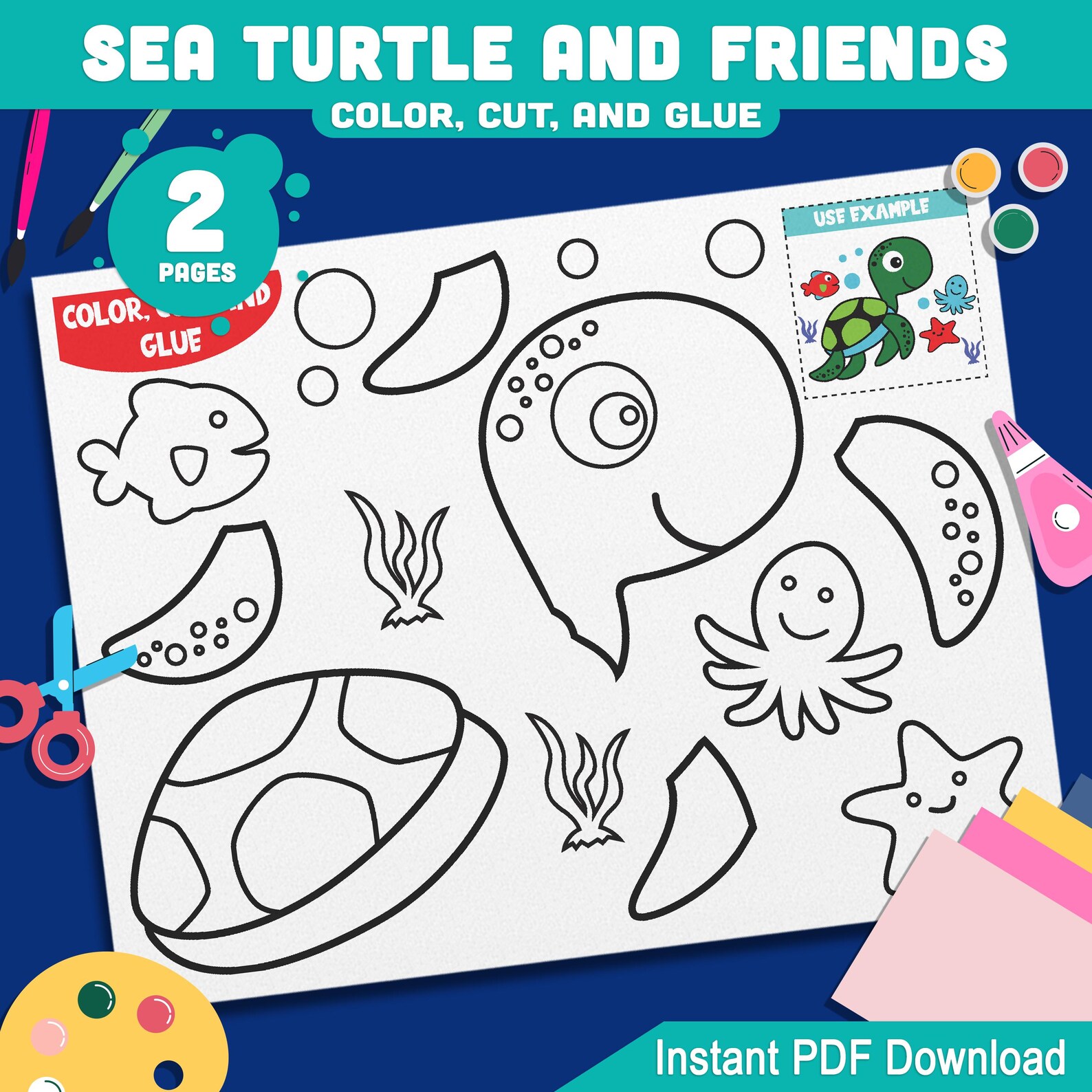 Sea Turtle and Ocean Friends Craft, Pre-colored and Black & White Cut ...