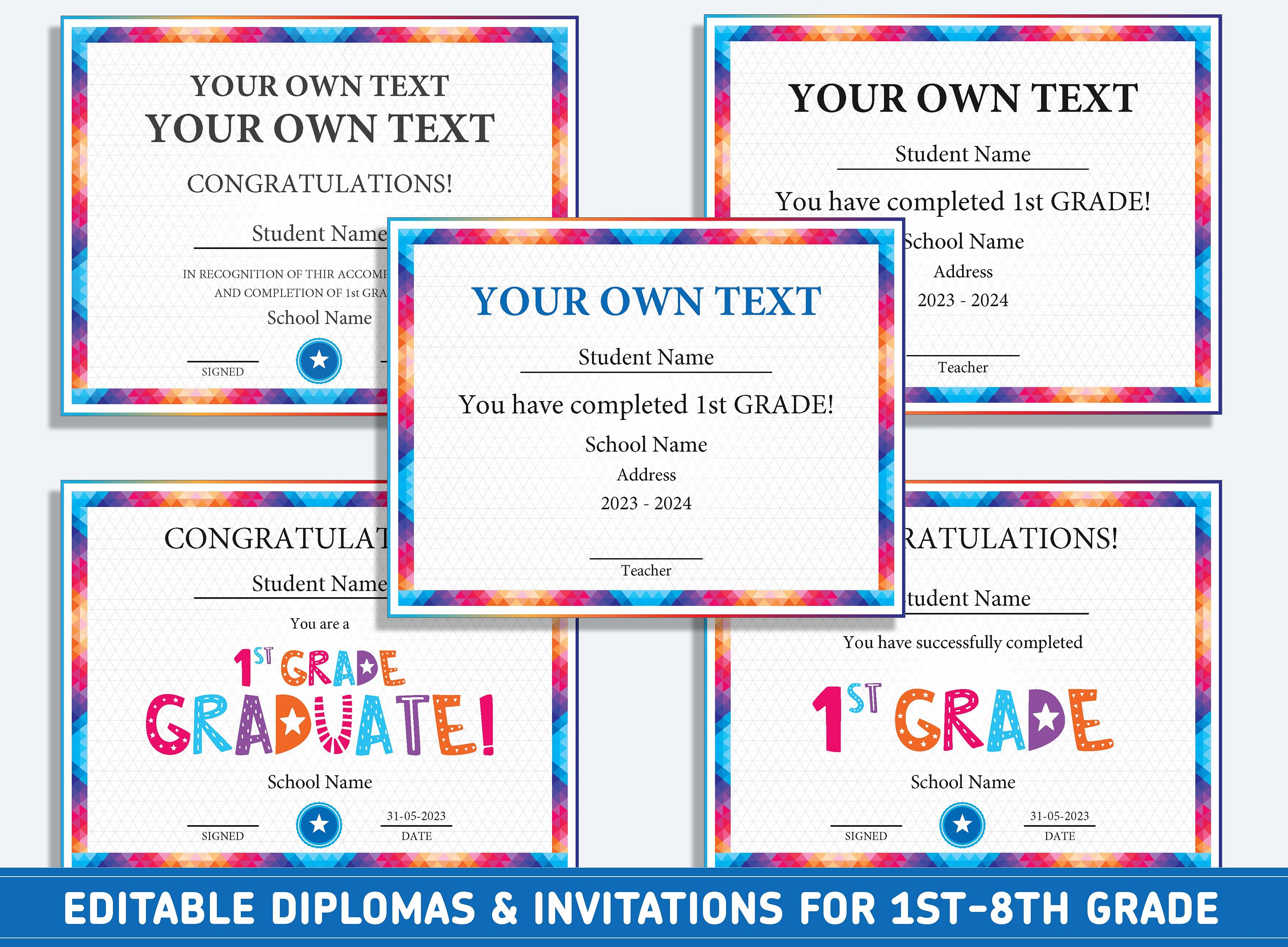 Editable Sixth Grade Diploma, 1st to 8th Grade Diploma, Certificate of ...