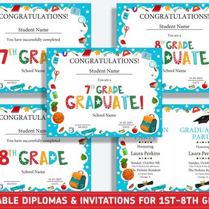 Editable 1st Grade Graduation, 1st to 8th Grade Diploma, Certificate of ...
