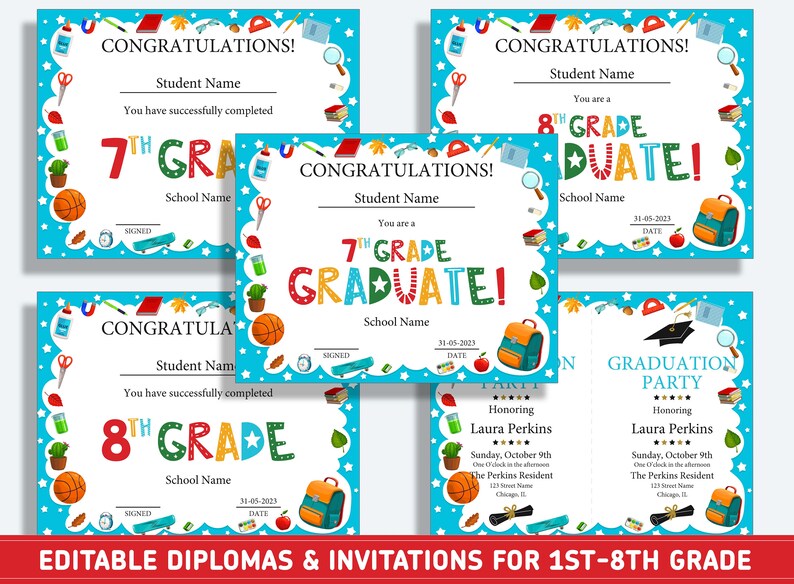 Editable 1st Grade Graduation, 1st to 8th Grade Diploma, Certificate of ...