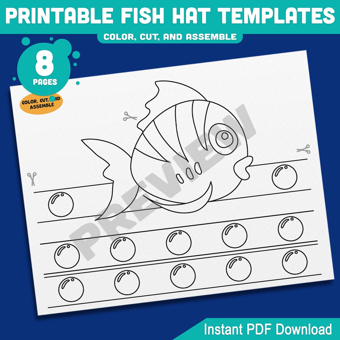 Printable Fish Crown Hat Templates – 8 Ocean-themed Headband Pages in ...
