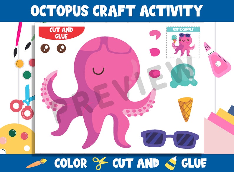 Summer Cute Octopus Craft Activity - Color, Cut, and Glue for Prek to ...