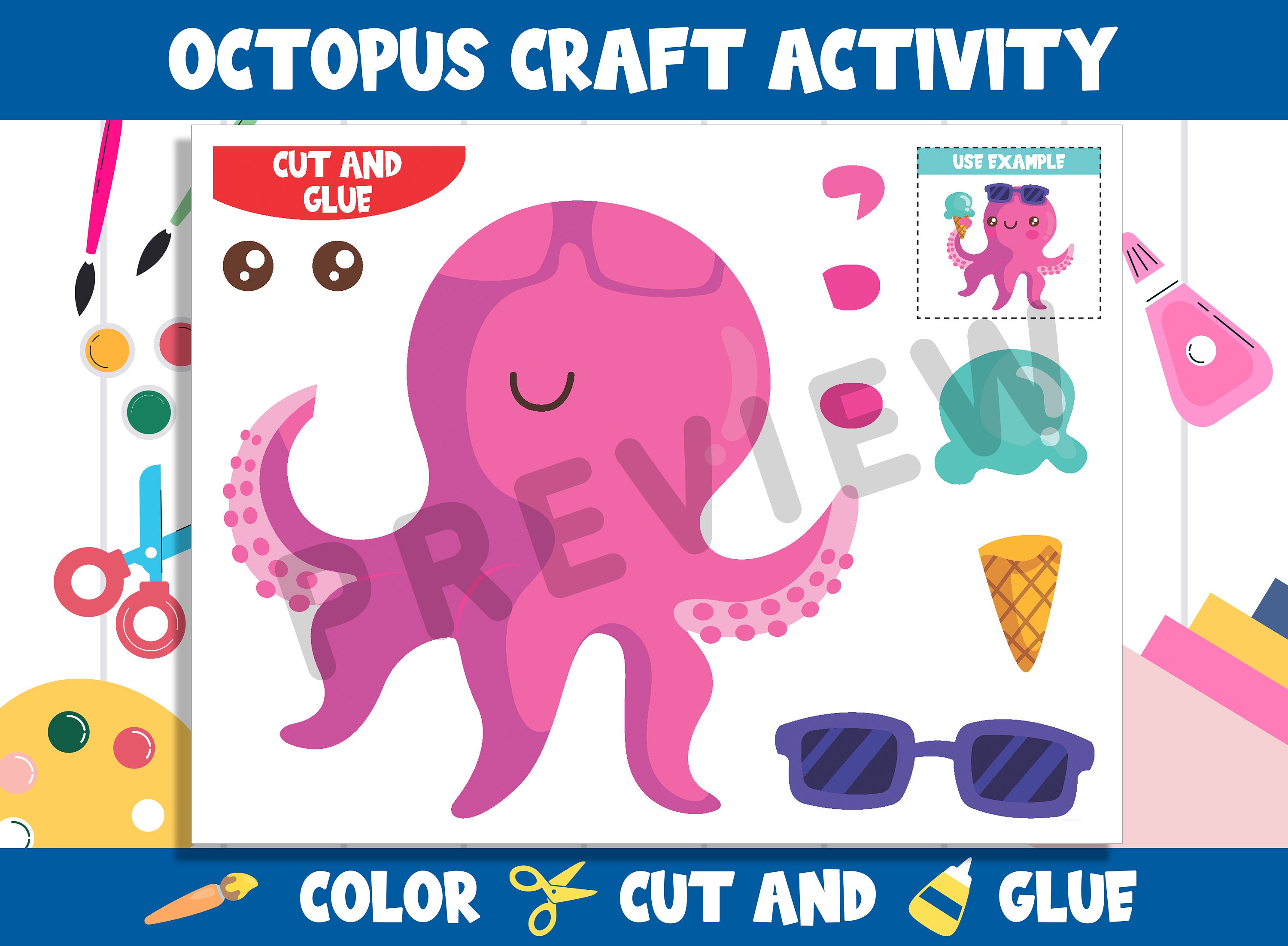 Summer Cute Octopus Craft Activity Color Cut and Glue for - Etsy
