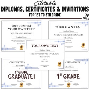 Printable 5th Grade Diplomas, Editable Certificates for 1st-8th Grades ...