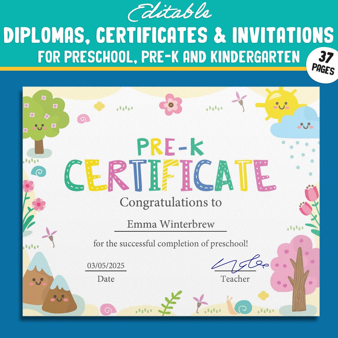 37 Editable Pre-k Certificates, Lovely Nature Themed, Kindergarten ...