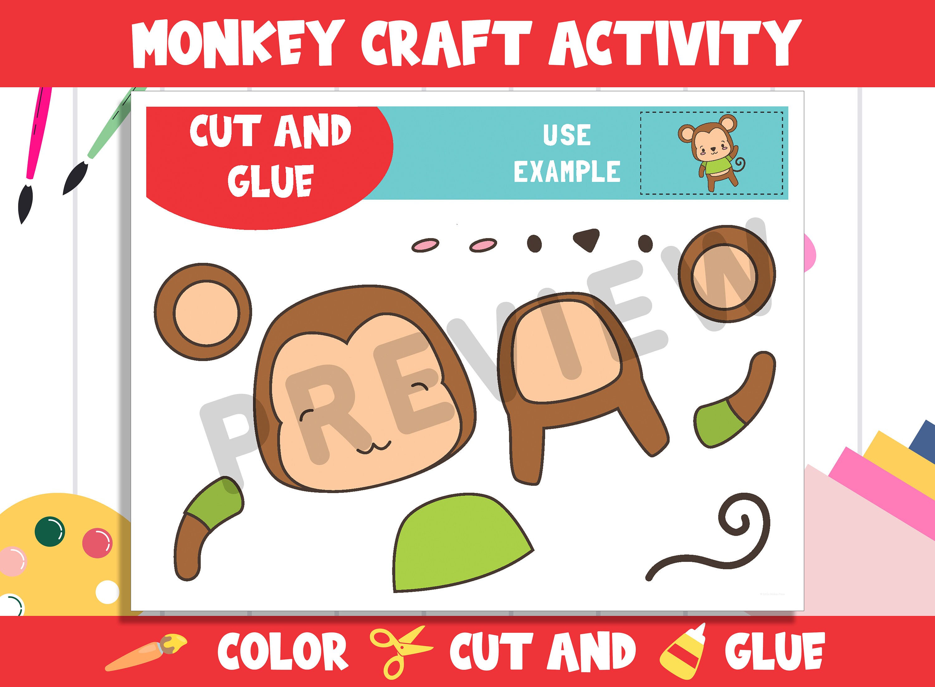 Cute Monkey Craft Activity Color, Cut, and Glue for Prek to 2nd Grade ...