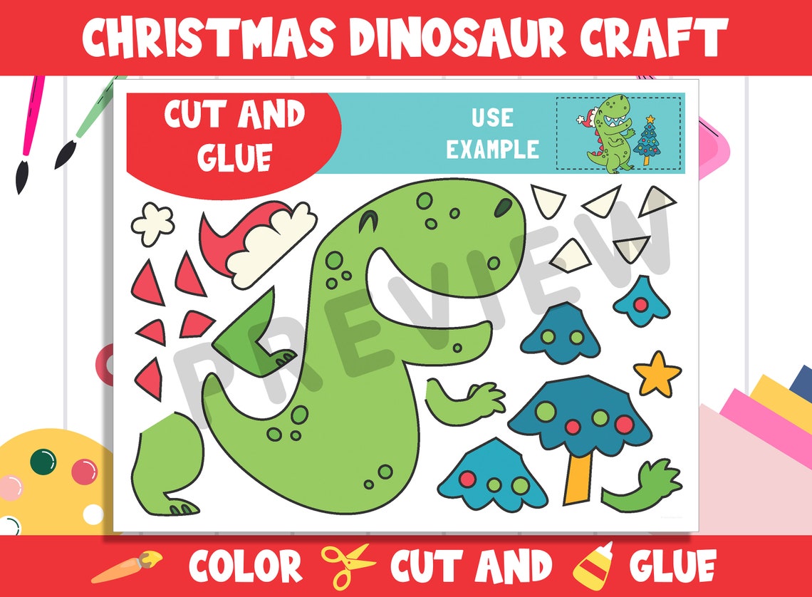 Christmas Dinosaur Craft Activity Color, Cut, and Glue for Prek to 2nd ...