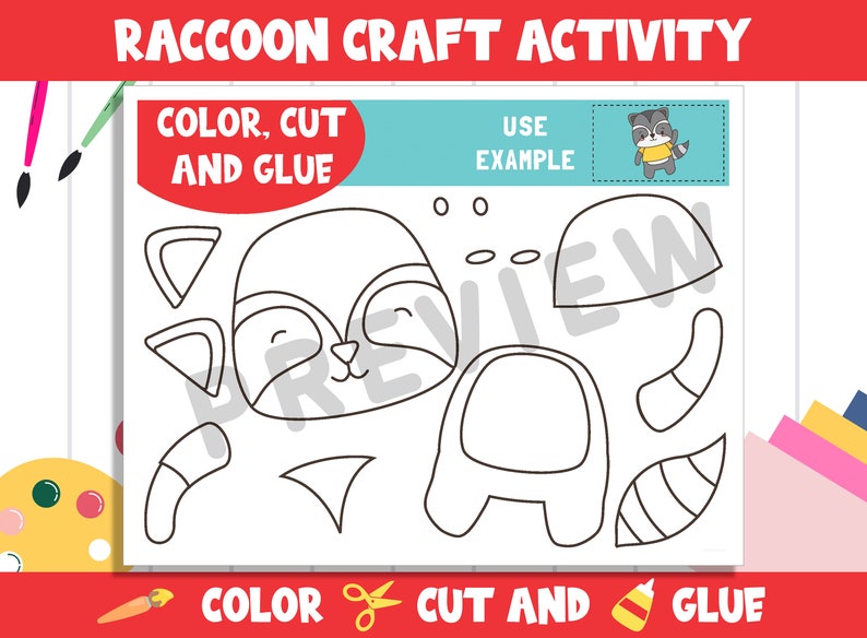 Cute Raccoon Craft Activity Color Cut and Glue for Prek to - Etsy