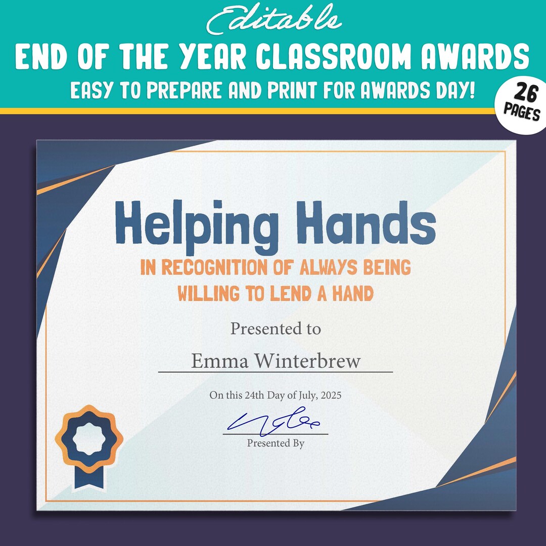 Editable Class Awards Middle School End of the Year, Student ...