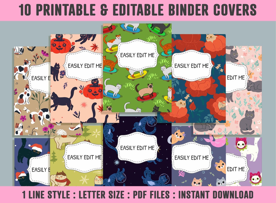 Cute Cats Binder Cover, 10 Printable/editable Binder Covers+spines ...