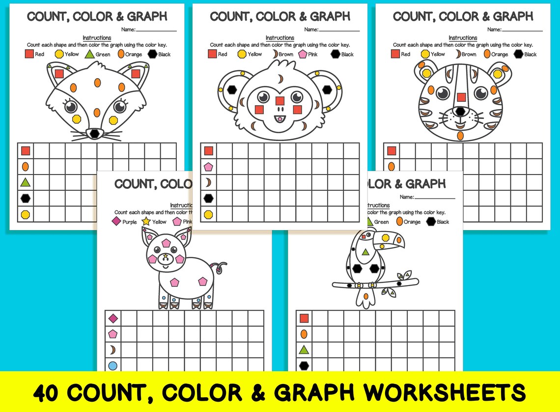 40 Count Color & Graph Worksheets Count and Graph Shapes - Etsy