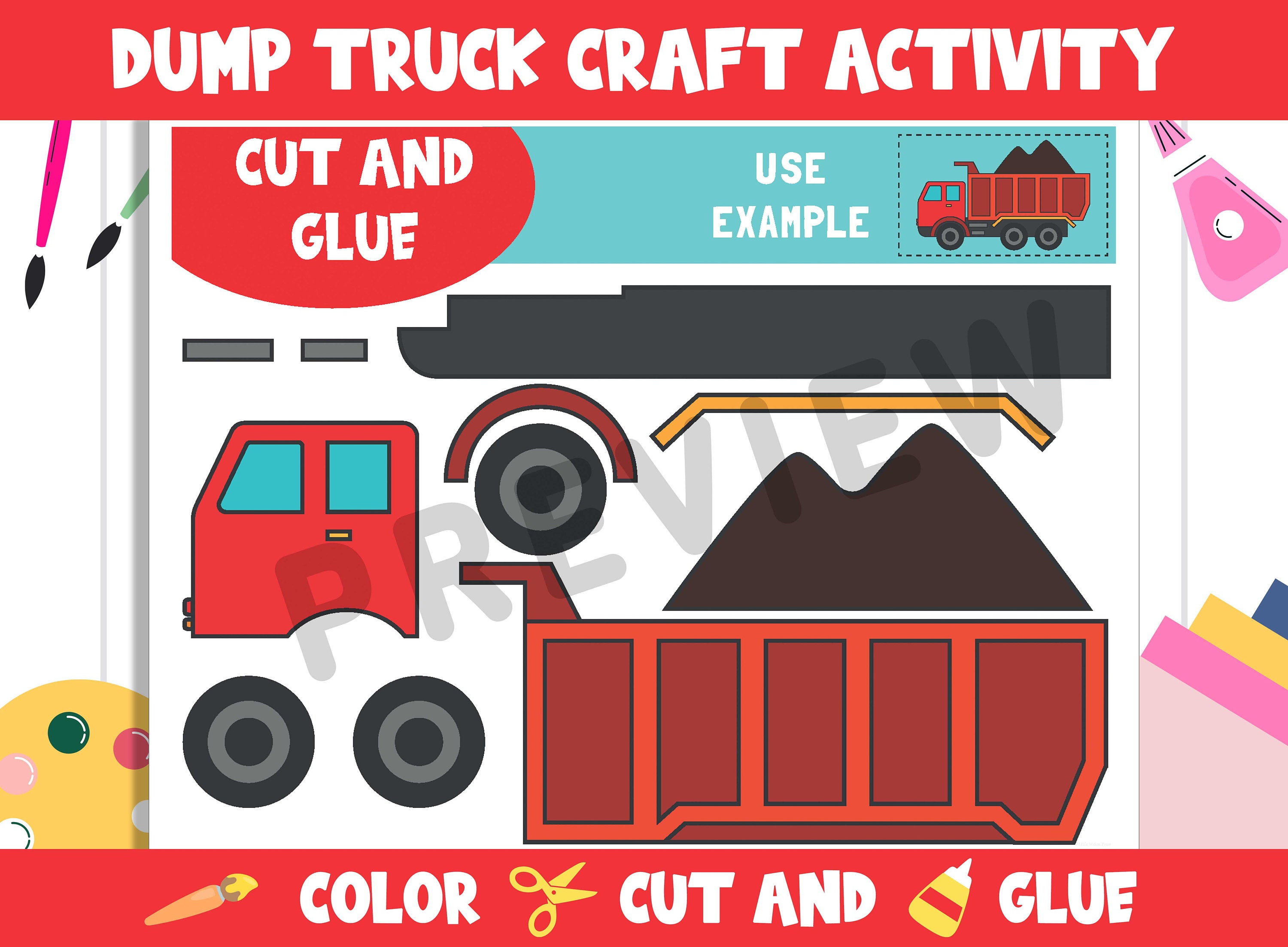 Dump Truck Craft Activity Color, Cut, and Glue for Prek to 2nd Grade ...