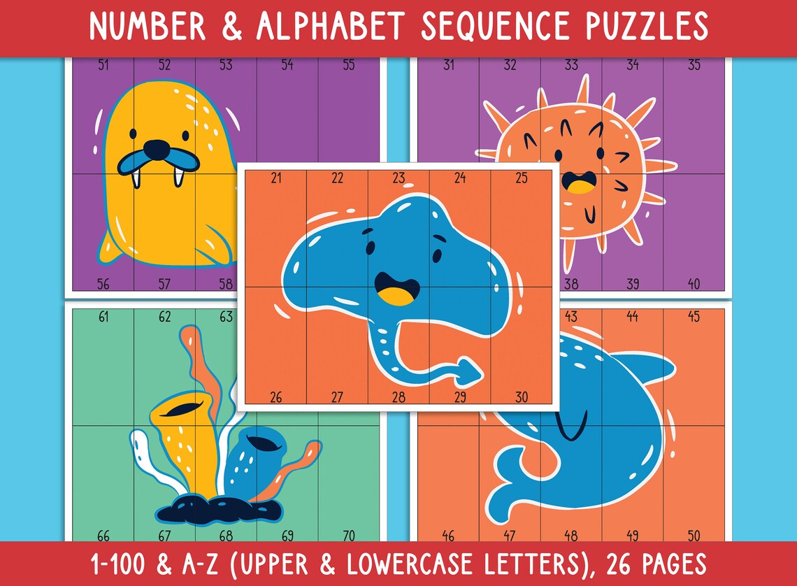 Sea Animal Number and Alphabet Sequence Puzzles (printable), 1-100 and ...