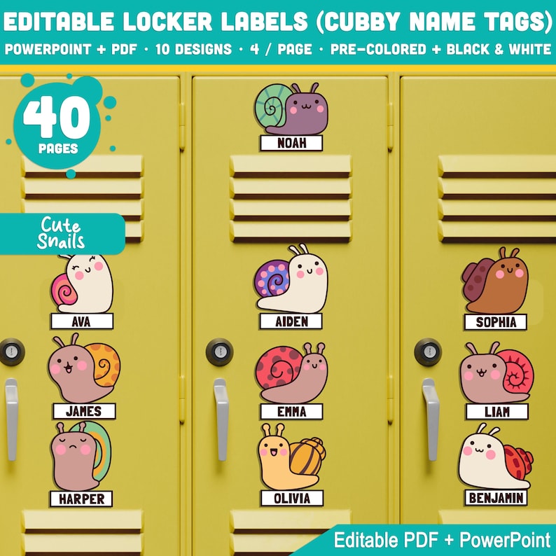 Editable Locker Labels (cubby Name Tags), Snail Themed – 10 Designs ...