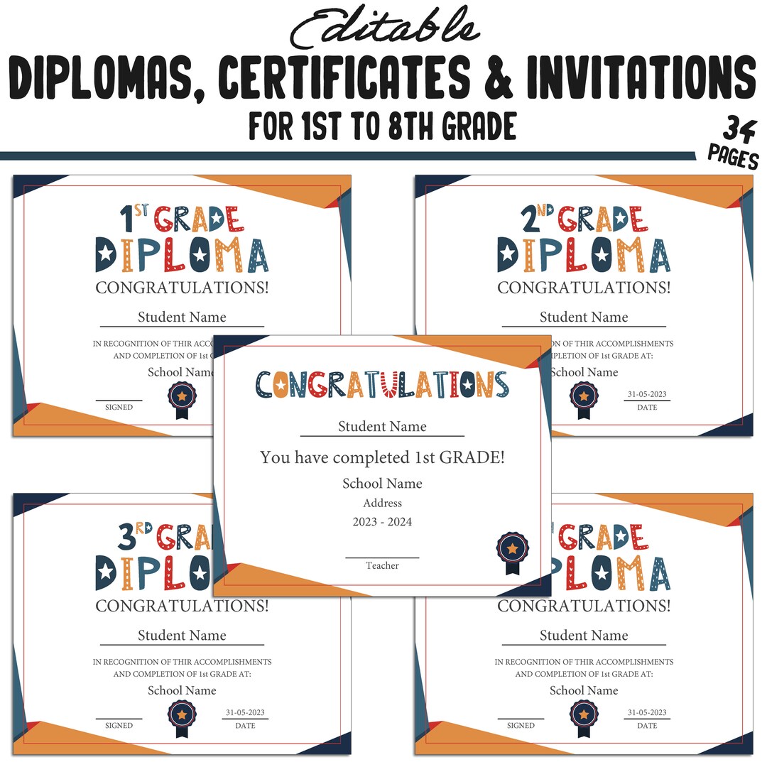 Printable 4th Grade Diplomas, Editable Certificates for 1st-8th Grades ...