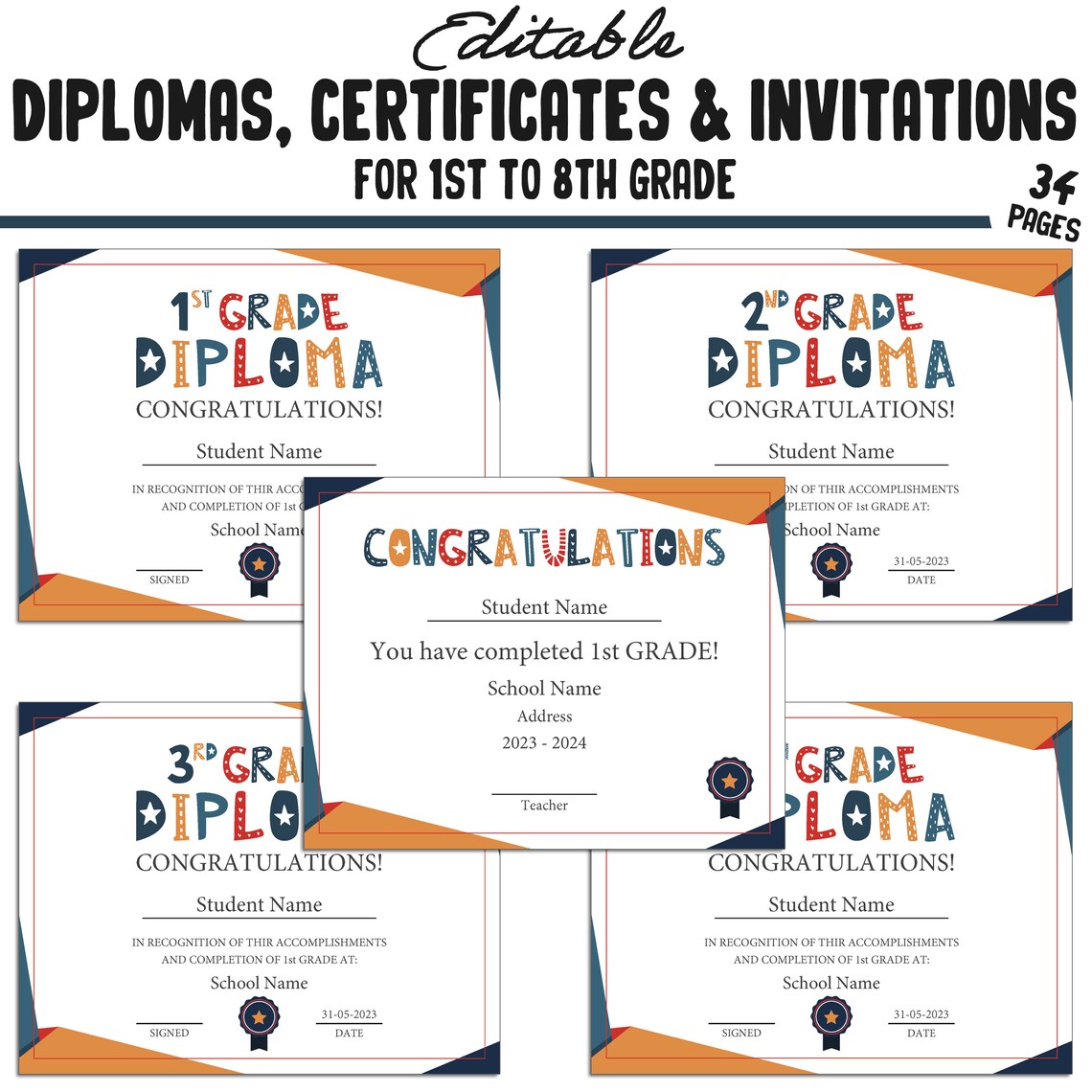 Printable 4th Grade Diplomas, Editable Certificates for 1st-8th Grades ...