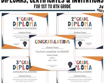 Printable 5th Grade Diplomas, Editable Certificates for 1st-8th Grades ...