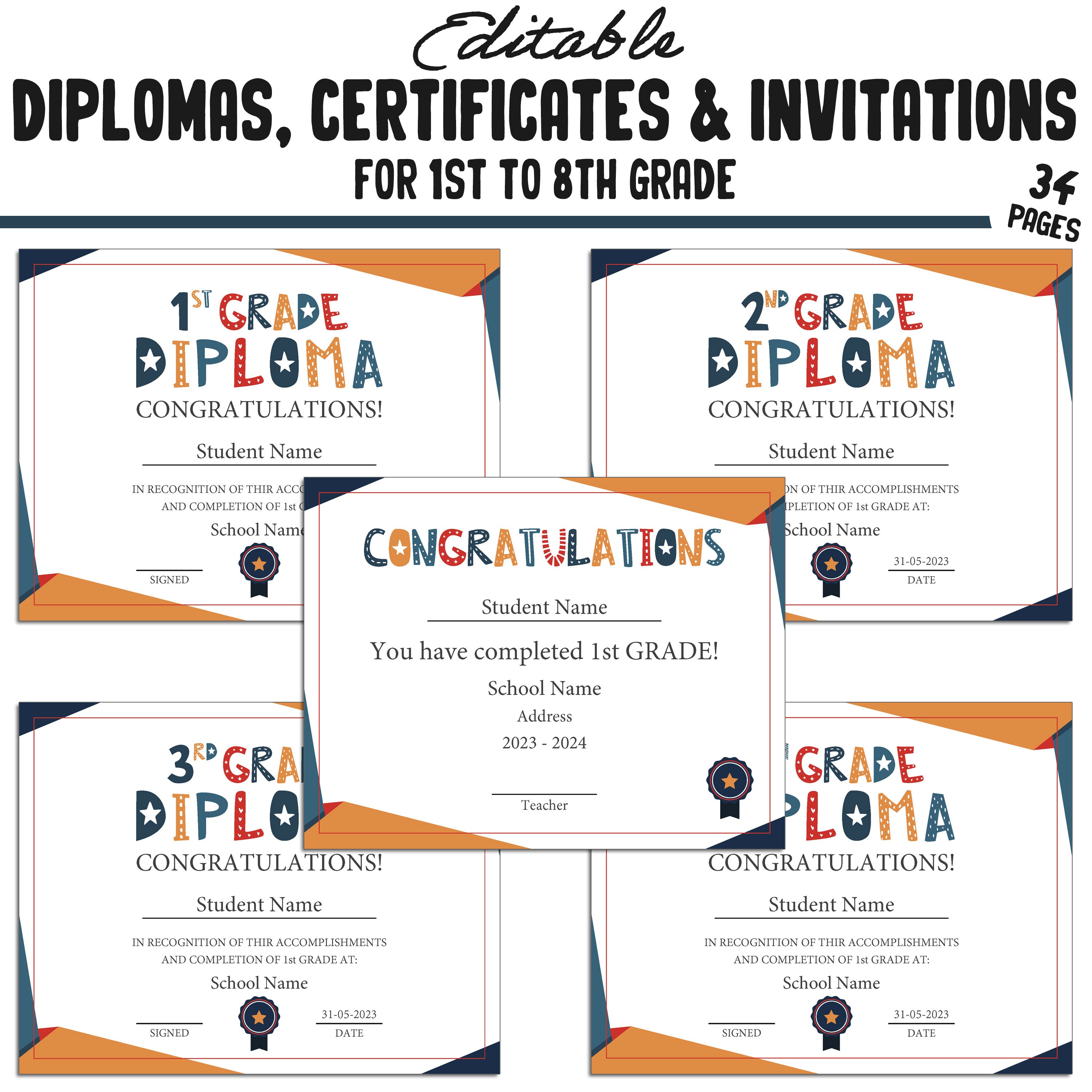 Printable 4th Grade Diplomas, Editable Certificates for 1st-8th Grades ...