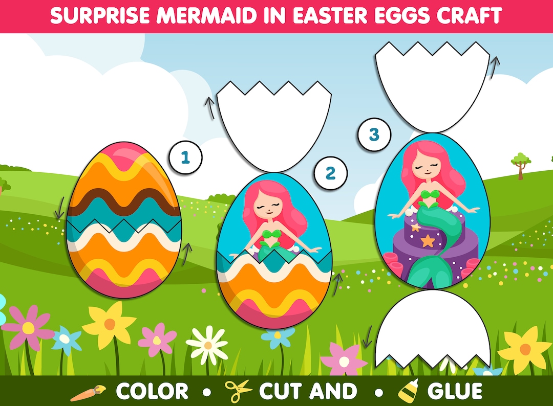 Surprise Mermaid in Easter Eggs Craft, Spring Activity, Color, Cut ...