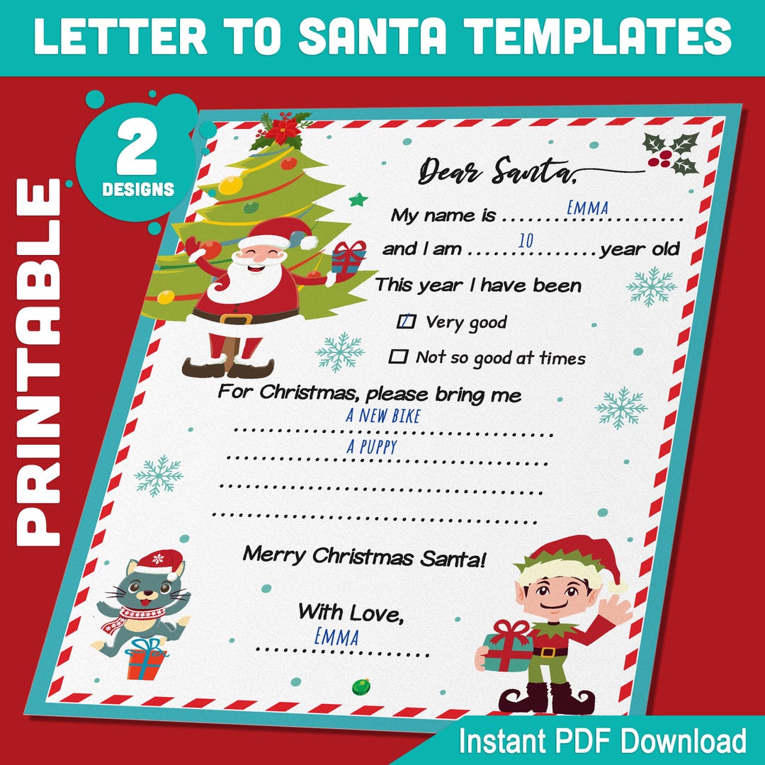 Kids' Christmas Letter to Santa: 2 Fill-in-the-blank Designs, 8.5x11 ...