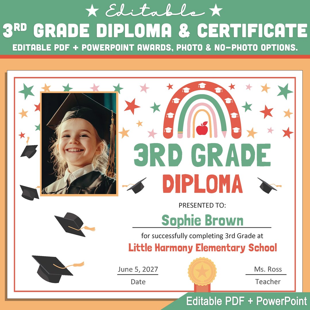 Editable 3rd Grade Graduation Diploma & Certificate Set, Retro Rainbow ...