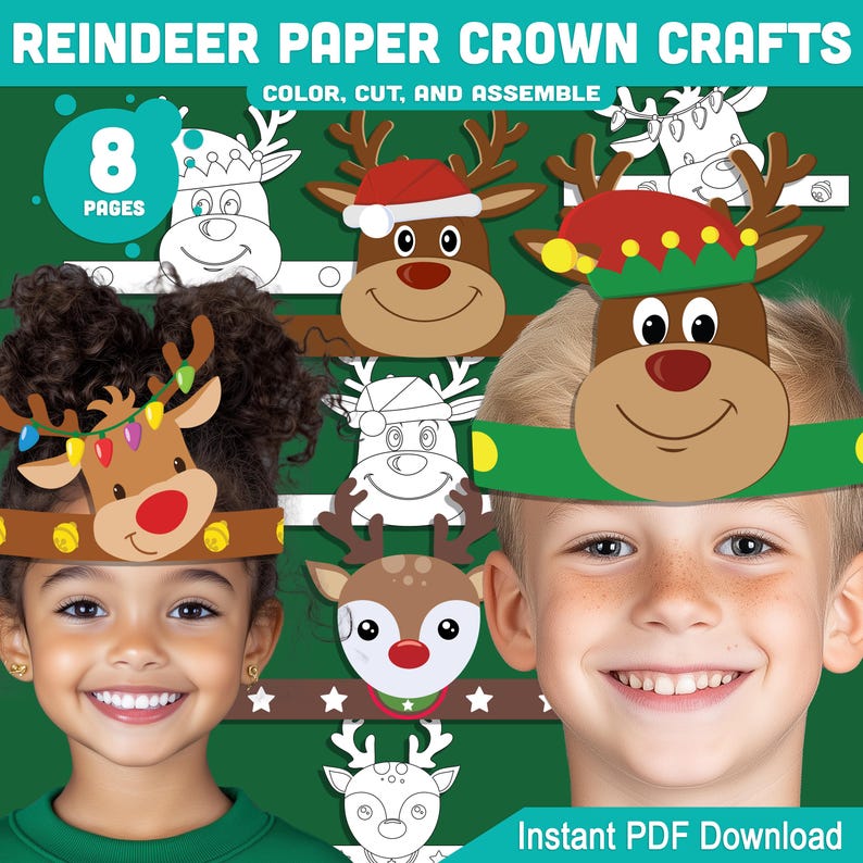 Printable Christmas Reindeer Paper Crown Crafts, Fun Winter Hat and ...