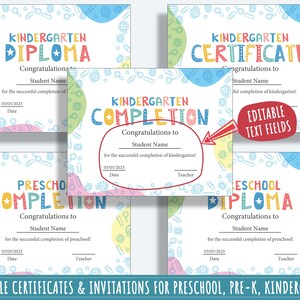 Kindergarten Certificates Completion Diploma and Invitations, Editable ...
