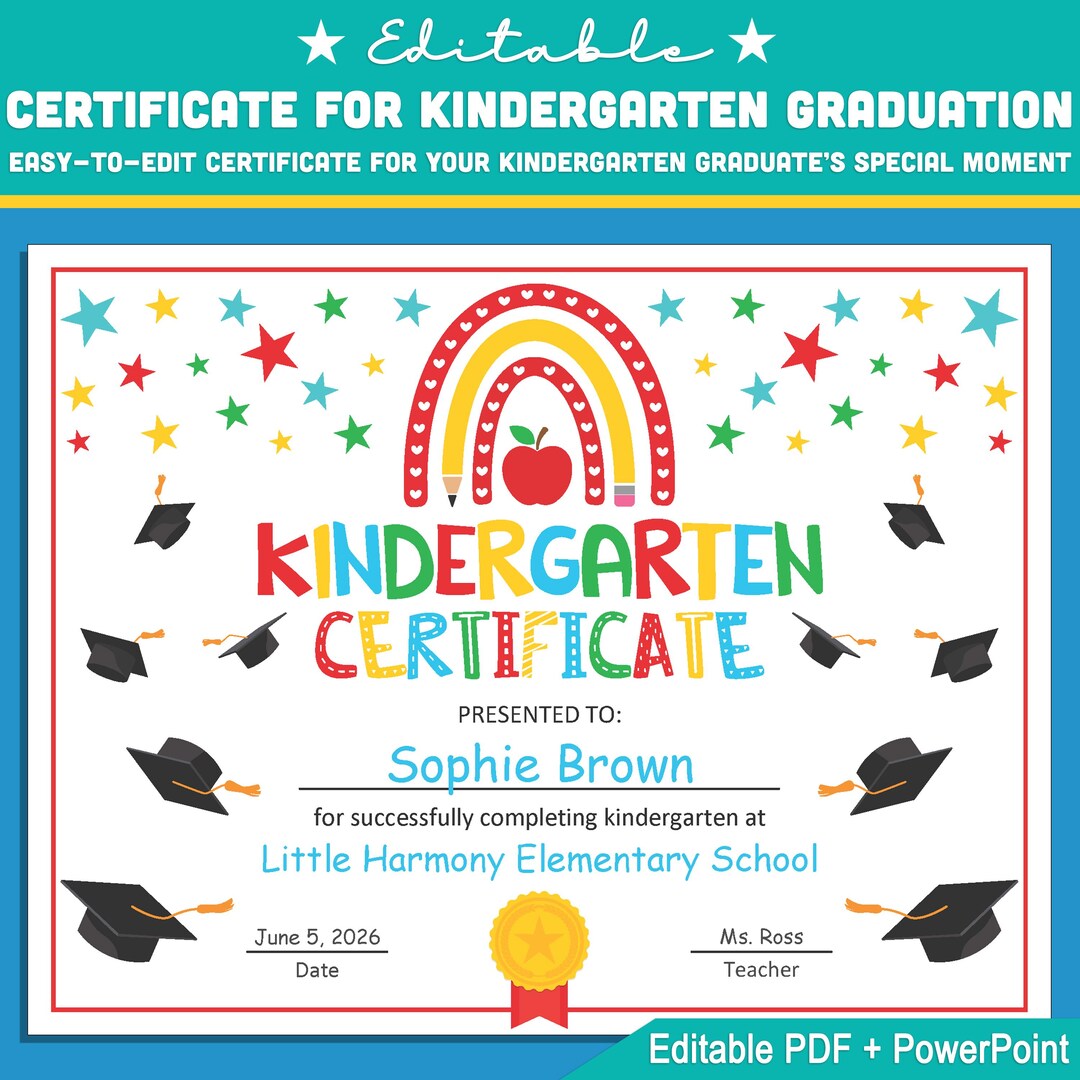Editable Kindergarten Moving up Certificate – Rainbow Graduation ...