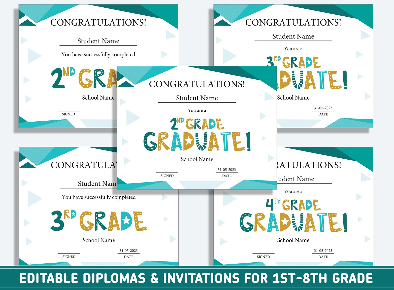 Editable 7th Grade Graduation, 1st to 8th Grade Diploma, Certificate of ...