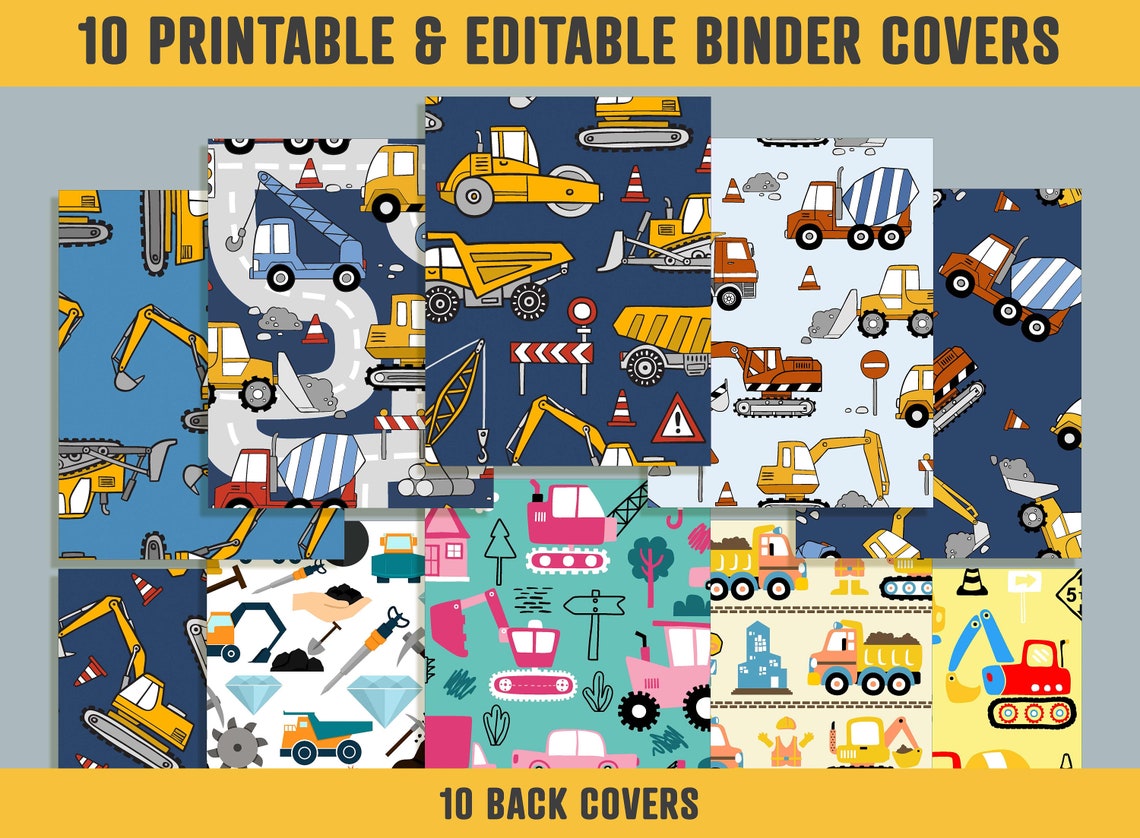 Construction Truck Binder Cover, 10 Printable & Editable Binder Covers ...