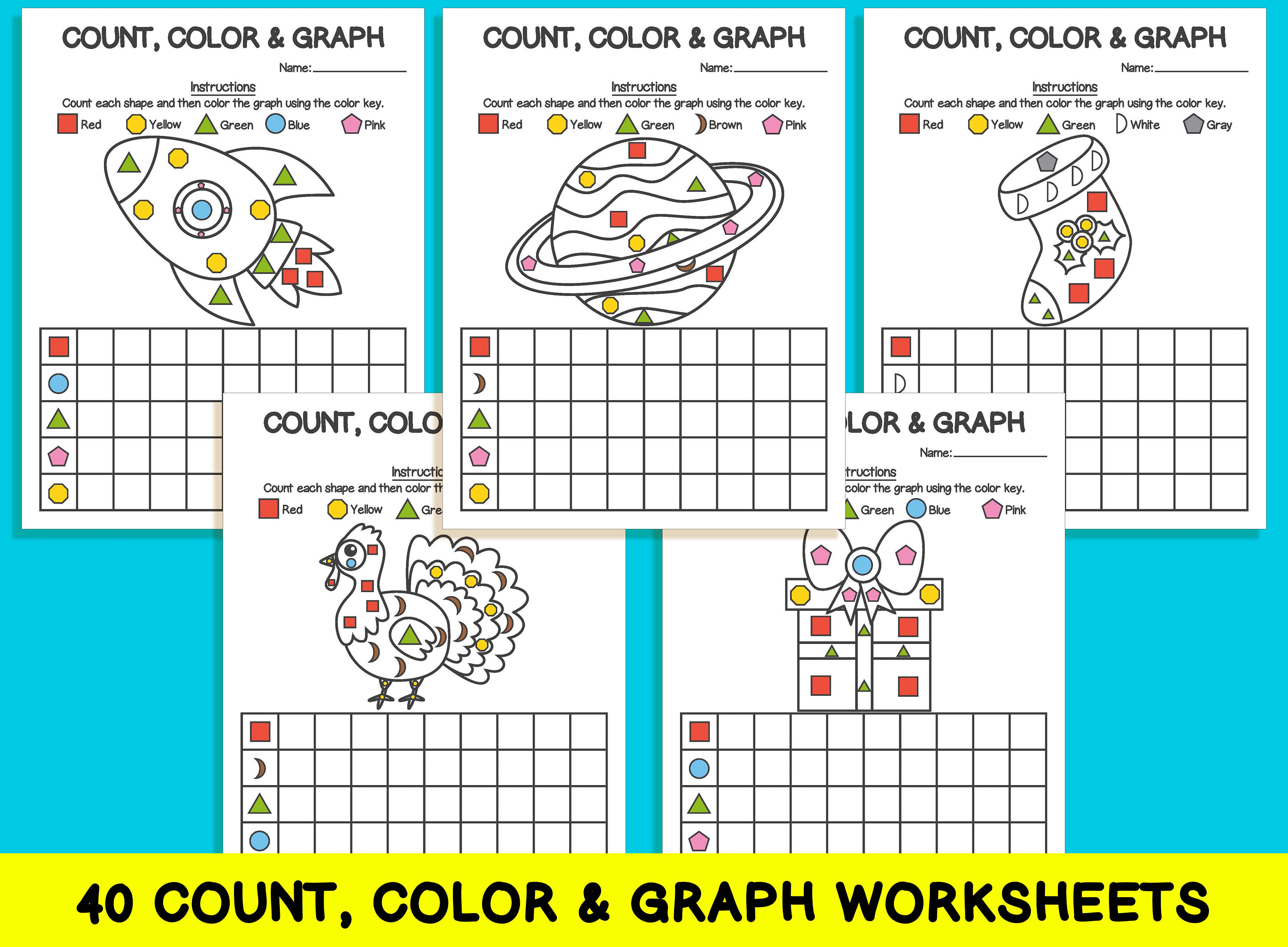 40 Count Color & Graph Worksheets Count and Graph Shapes - Etsy