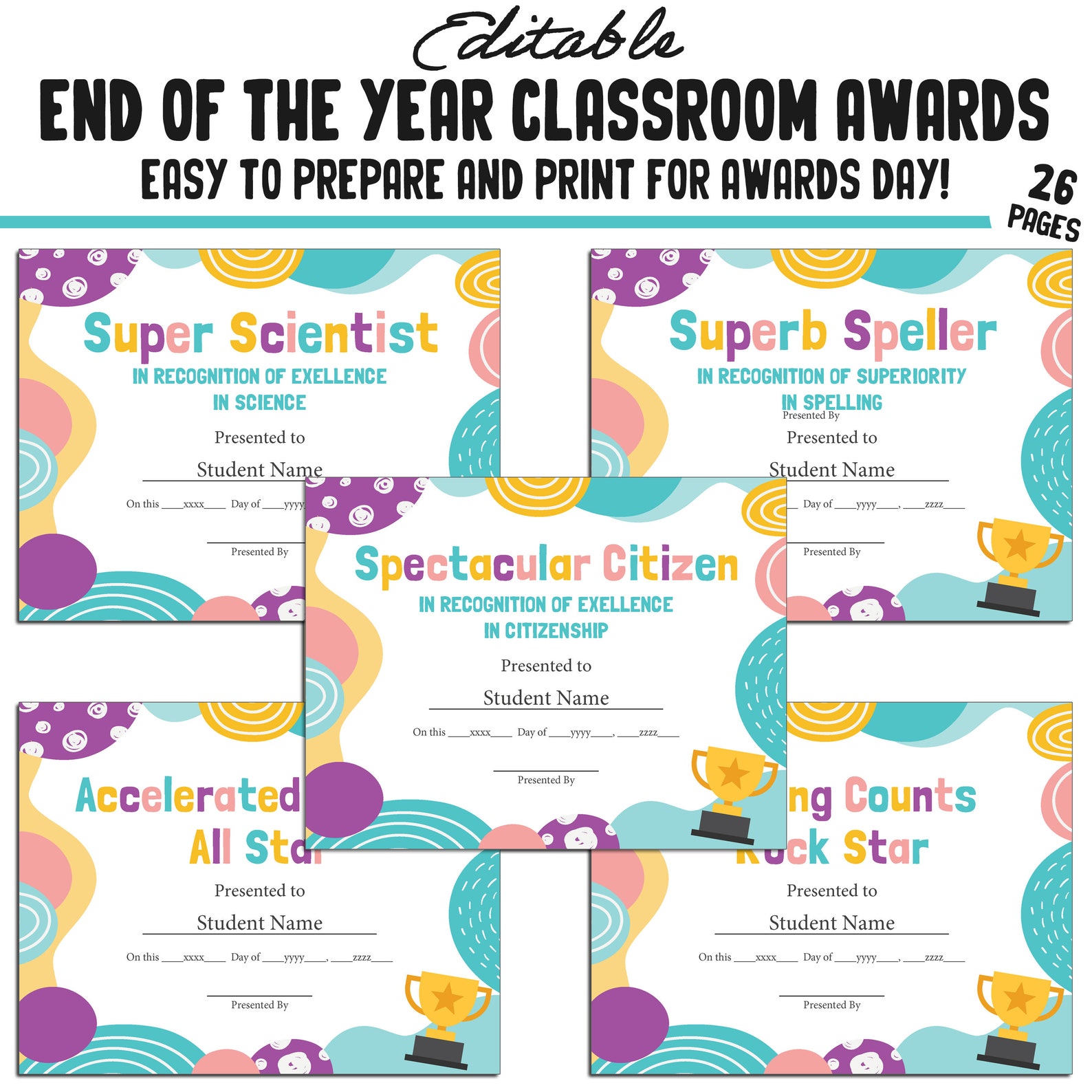 Editable and Fun End of Year Class Awards for Students, 26 Pages, PDF ...