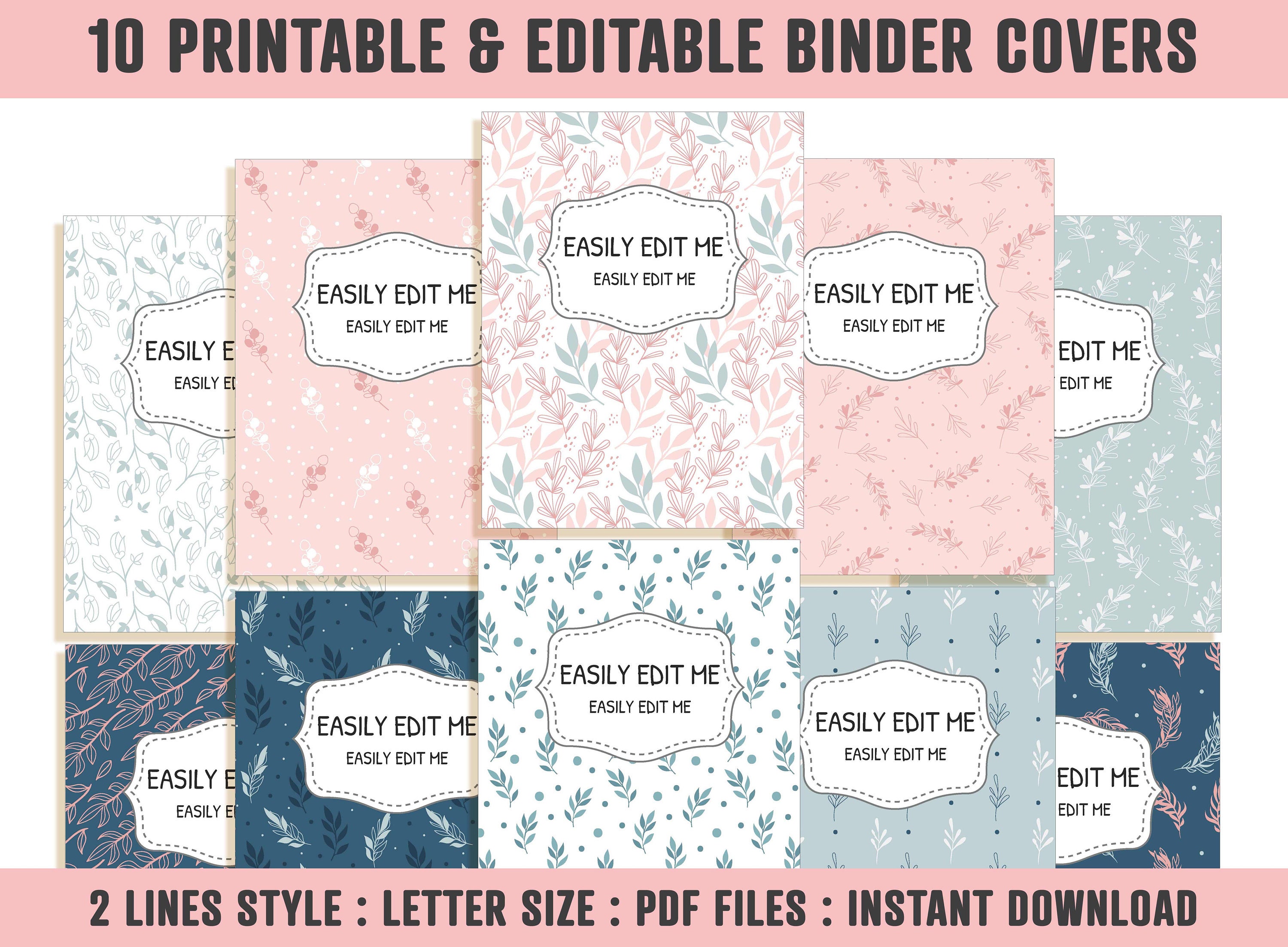 Binder Cover Set, 10 Editable Coversspines, Printable, Binder Cover ...