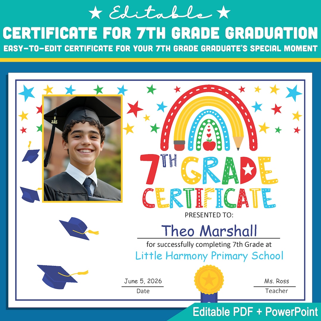 Editable 7th Grade Certificate Template With Photo: Customizable PDF ...