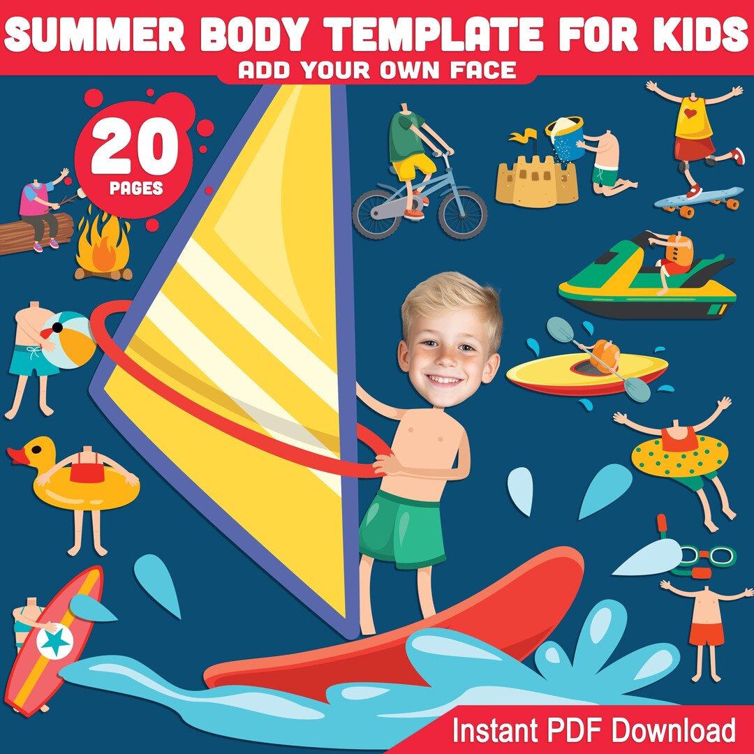 Summer Body Template for Kids: Printable Add Your Own Face Craft, Beach ...