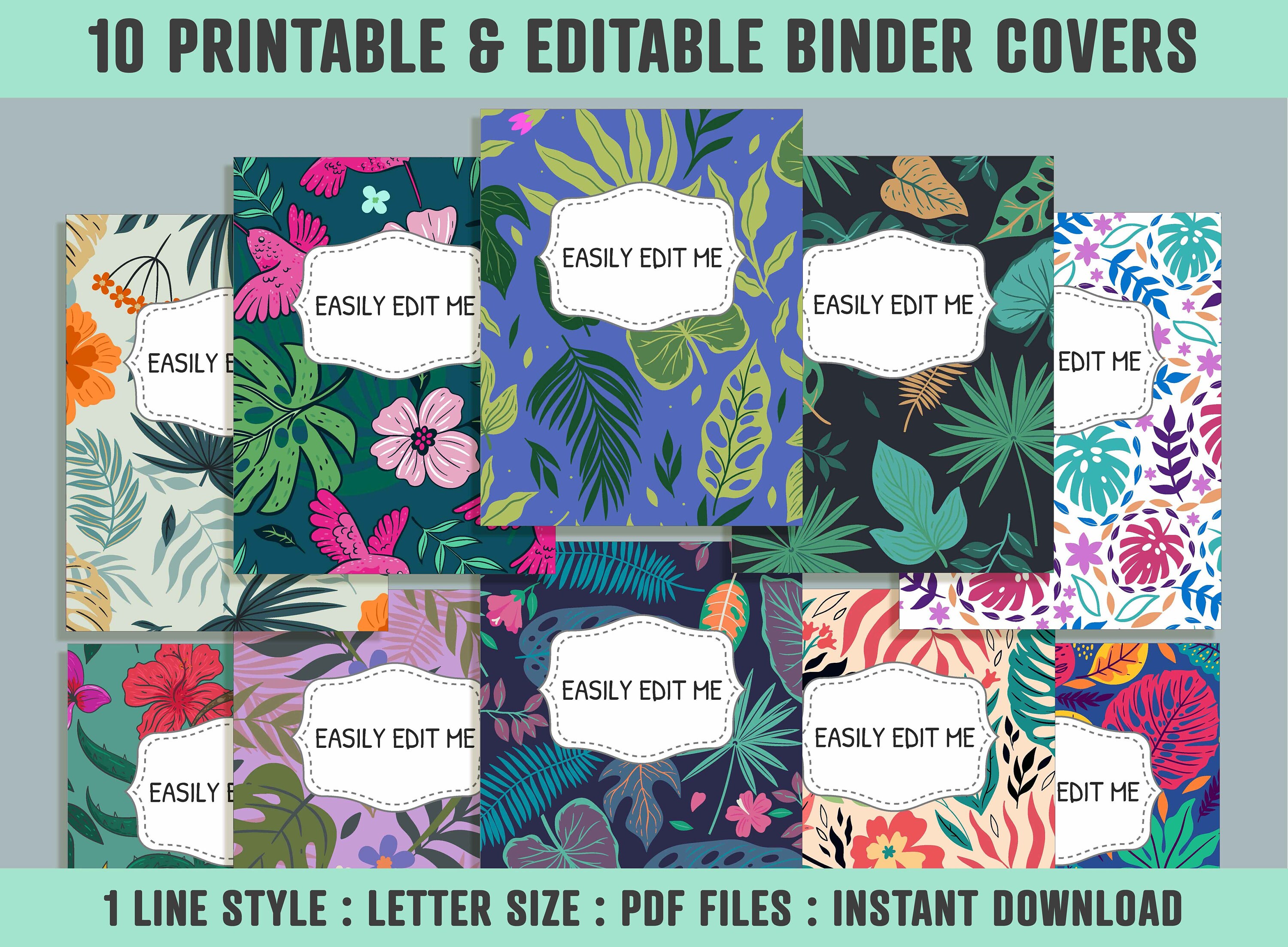 Tropical Leaves Binder Cover, 10 Printable/editable Binder Covers ...