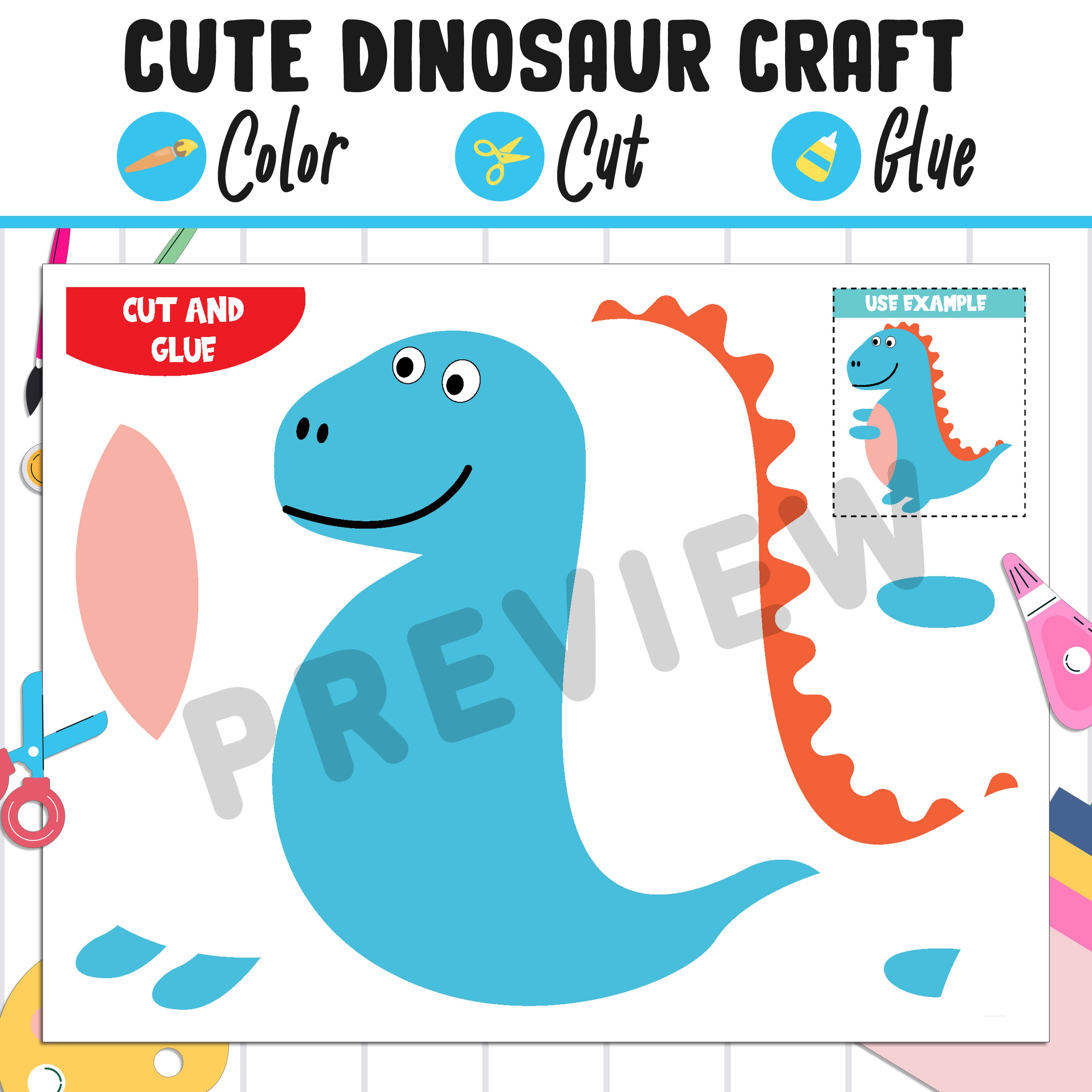 Easy and Cute Dinosaur Craft for Kids : Color, Cut, and Glue, a Fun ...