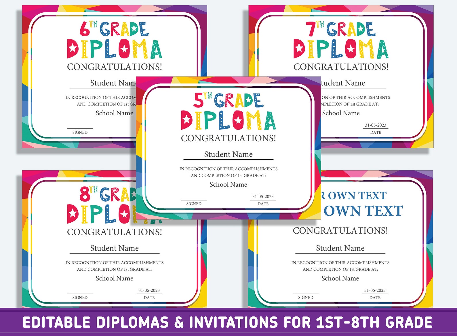 Editable 4th Grade Graduation, 1st to 8th Grade Diploma, Certificate of ...