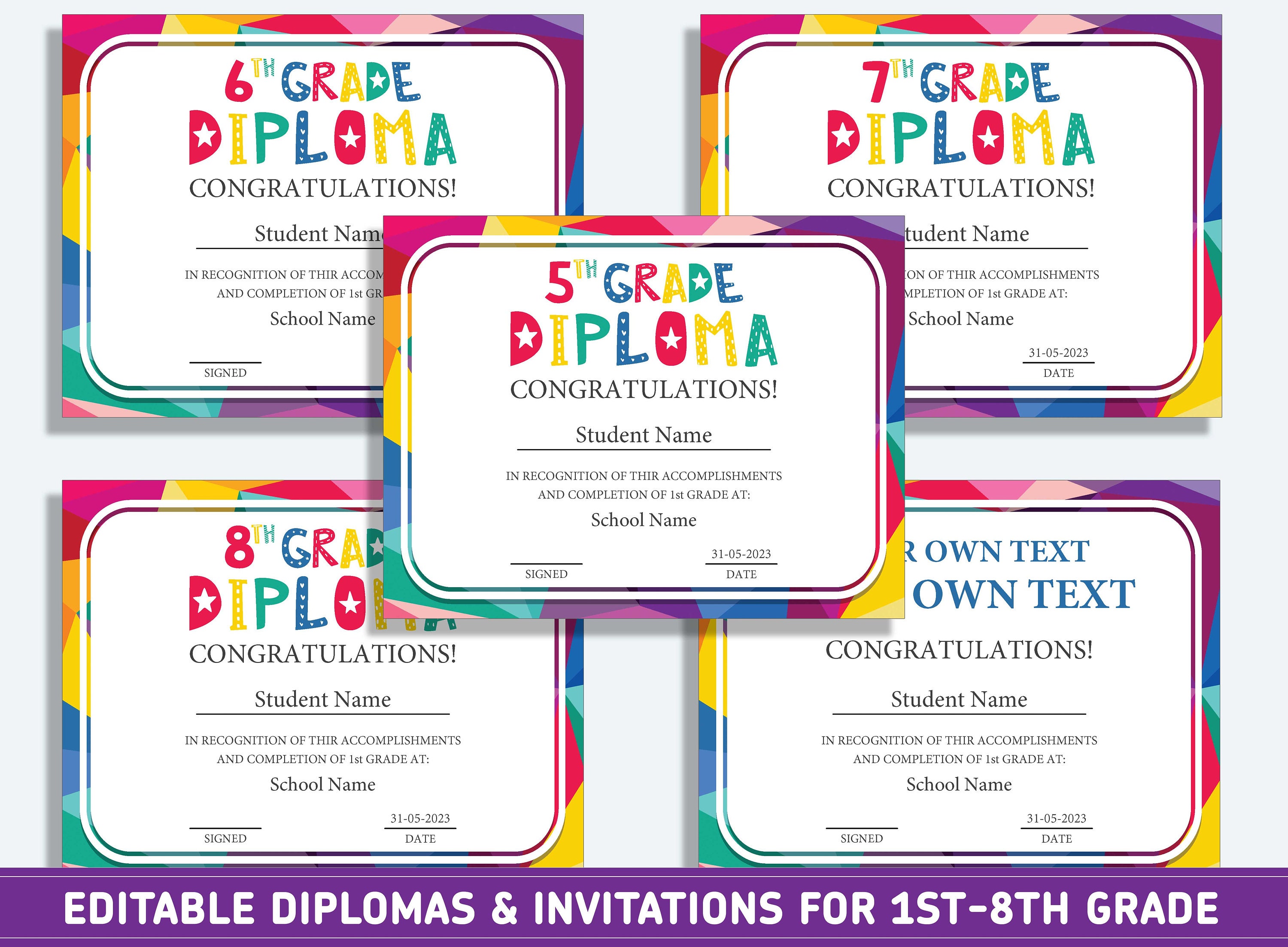 Editable 4th Grade Graduation, 1st to 8th Grade Diploma, Certificate of ...