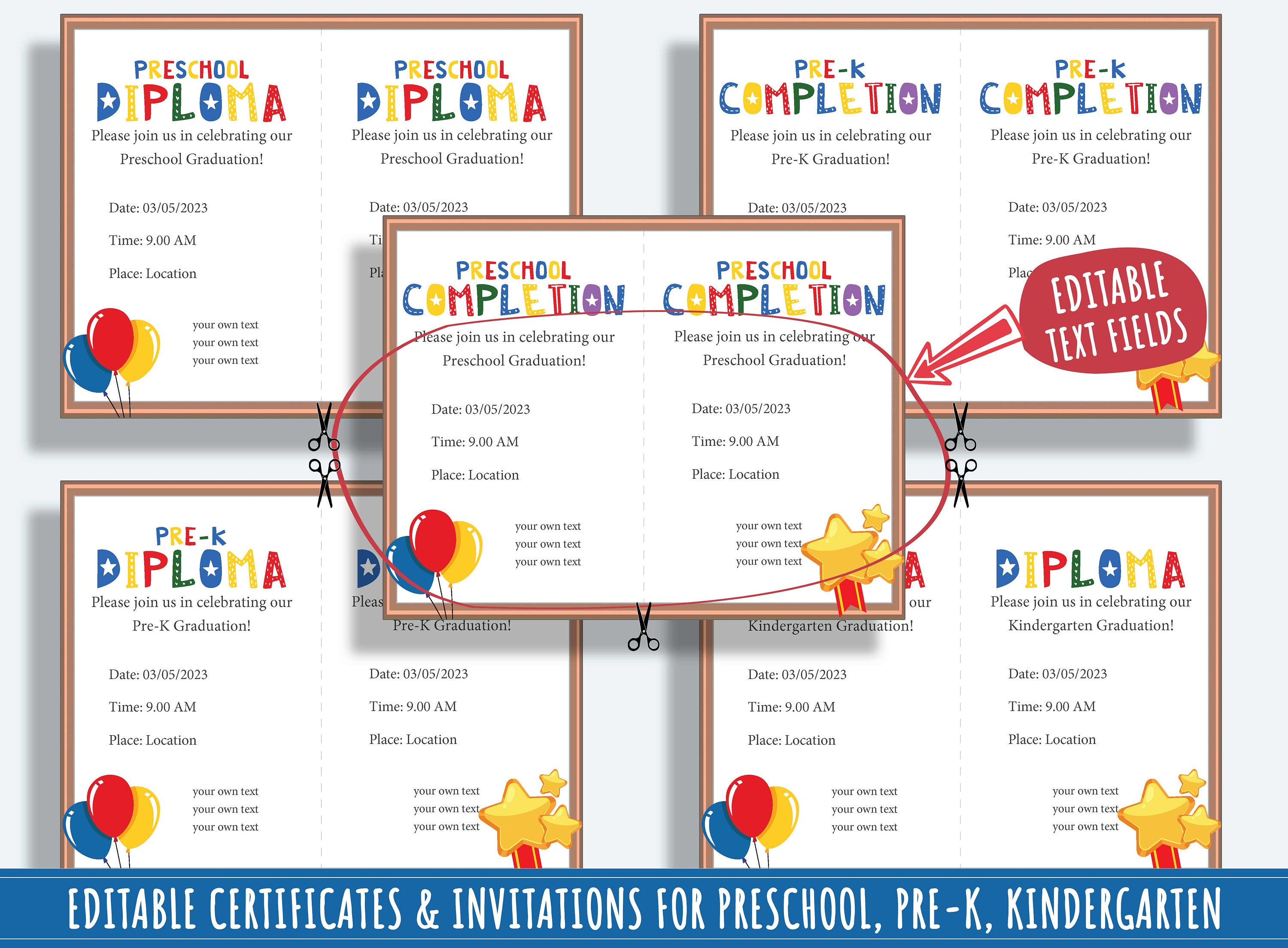 Editable Preschool Certificates, Diplomas, Completions, and Invitations ...