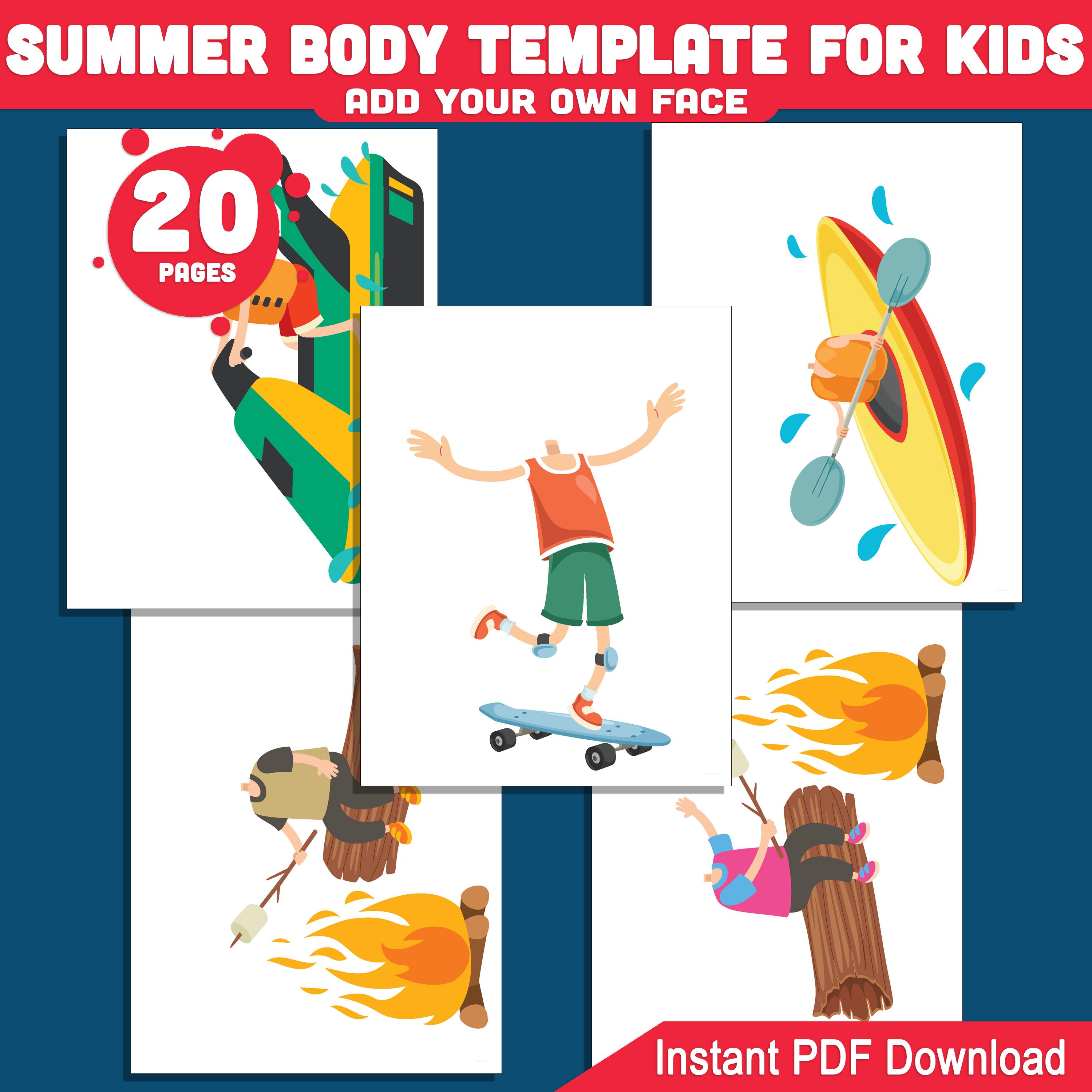 Summer Body Templates, Printable Add Your Own Face Craft, Beach ...