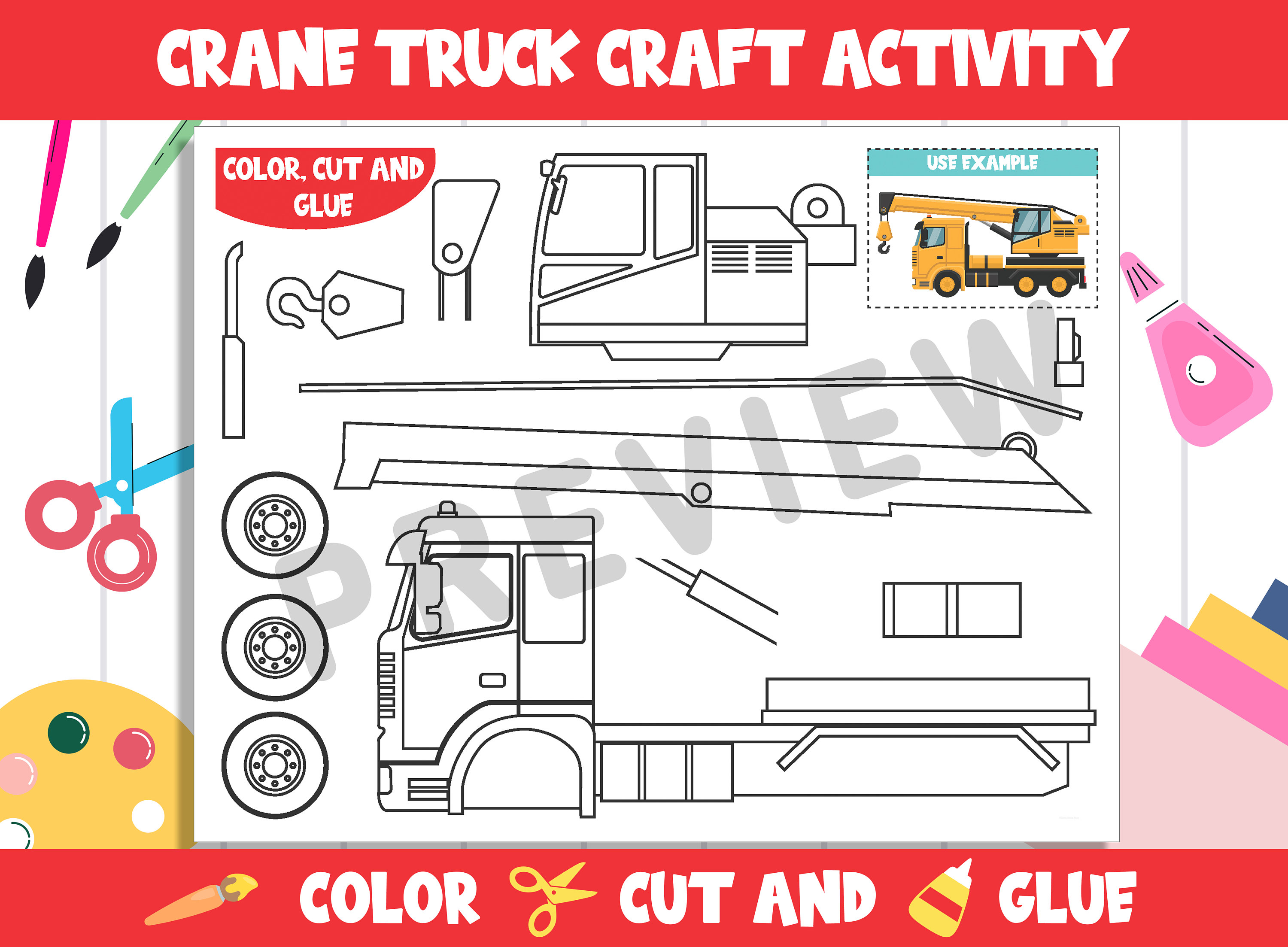 Construction Vehicle Craft Activity Crane Truck : Color, Cut, and Glue ...