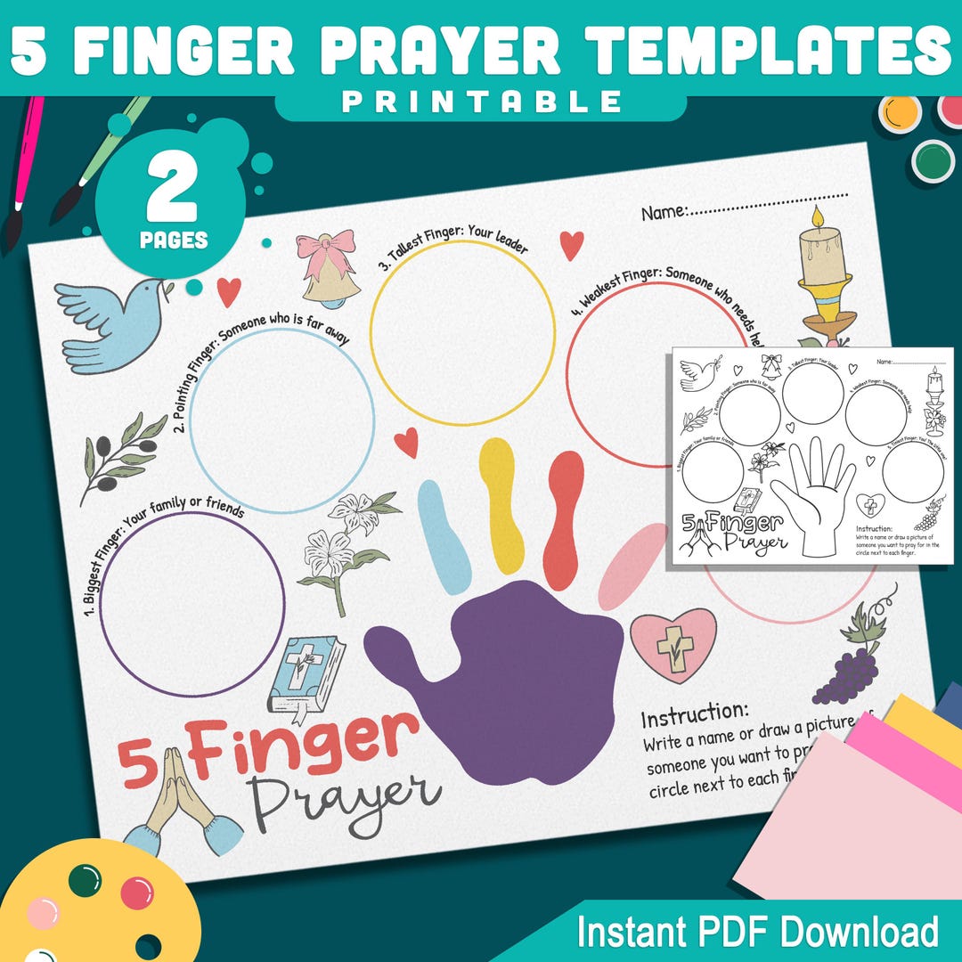 Christian 5 Finger Prayer Template for Kids: Fun Activity, 2 Pages (pre ...