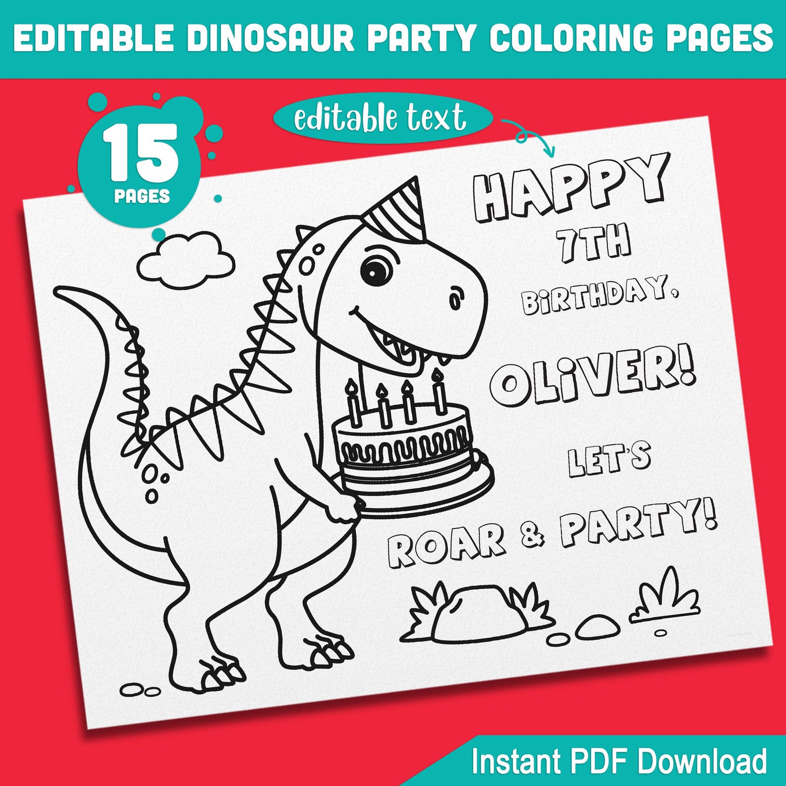 Editable Dinosaur Party Coloring Pages: 15 Fun Printable Sheets for a ...