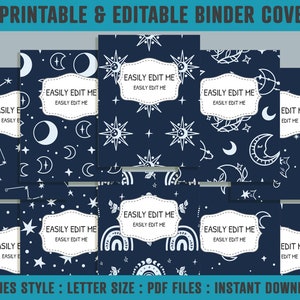 Moon, Rainbow, Stars Binder Cover, 10 Printable & Editable Binder ...